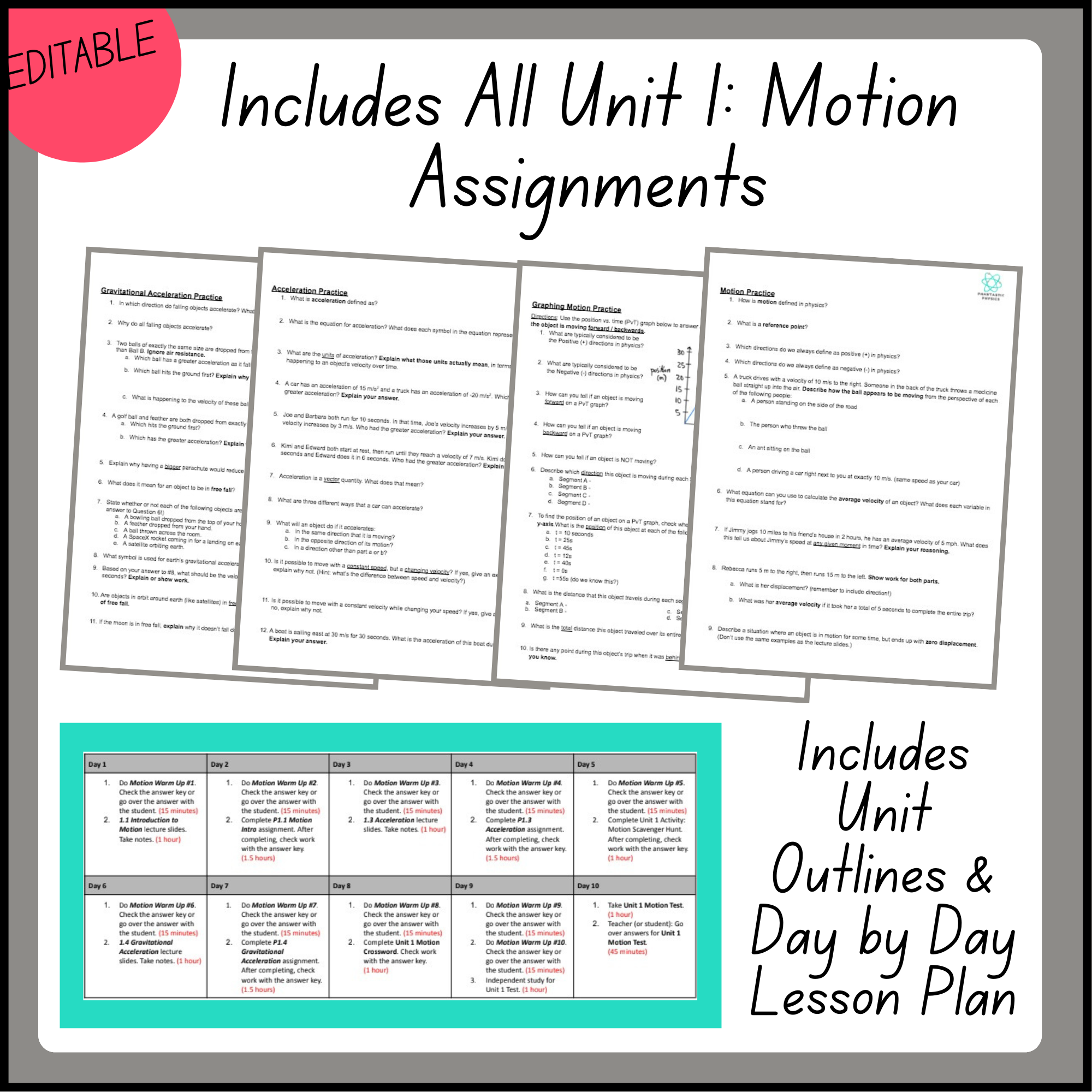 High School Physics: Complete Motion Unit Assignments Bundle-Grades 9 ...
