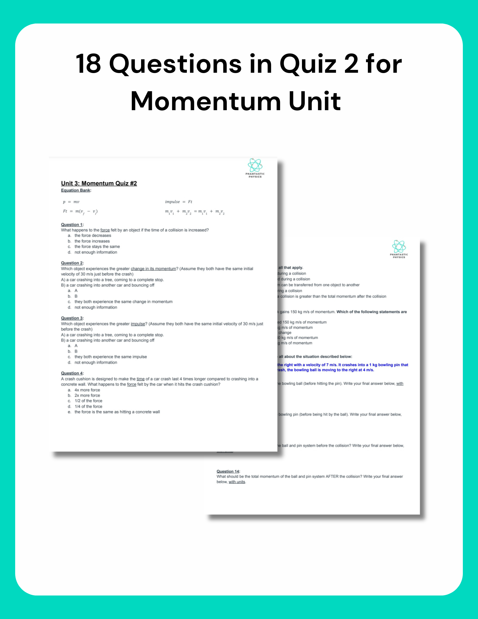High School Physics: Momentum Quiz #2 - Grades 9-12, NGSS Aligned Asse ...