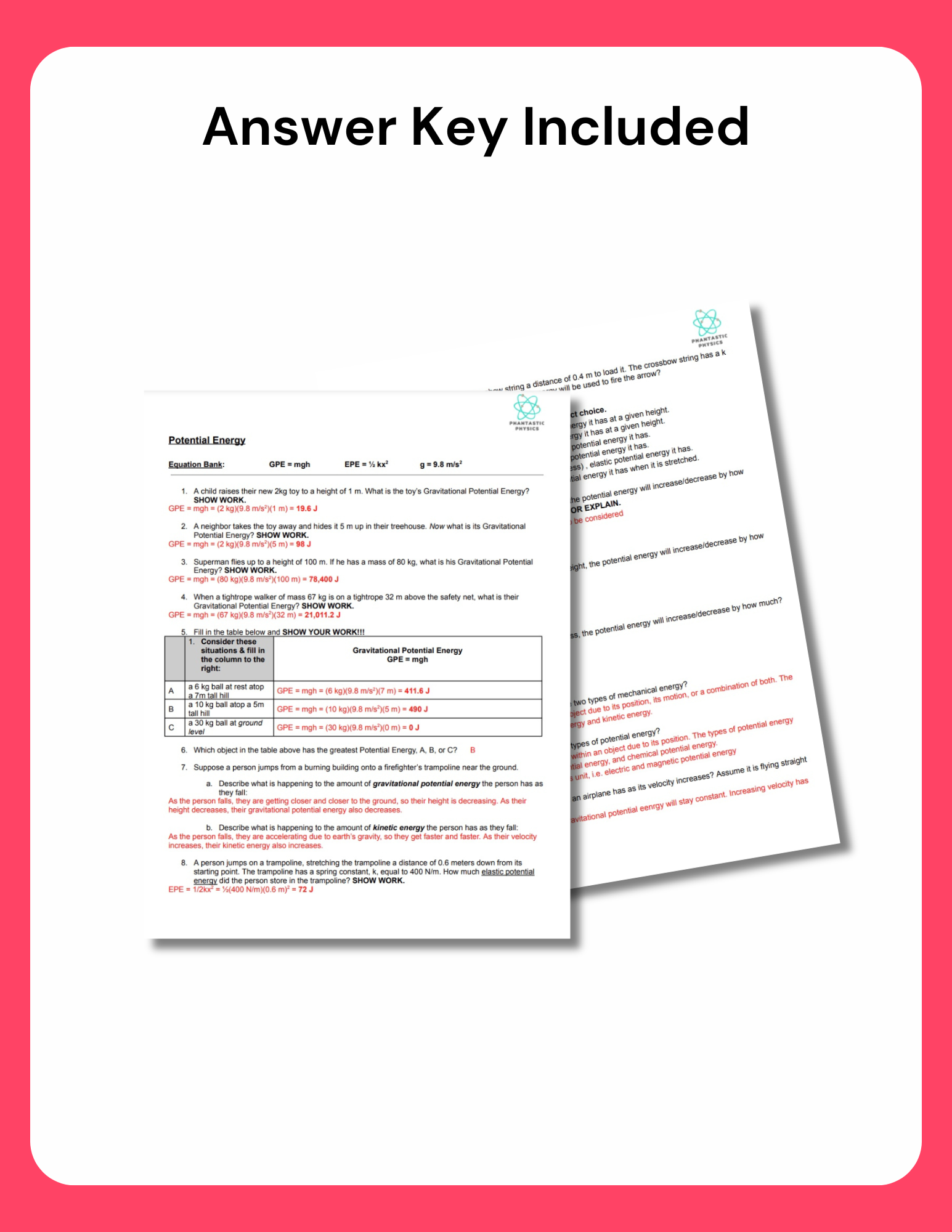 High School Physics: Potential Energy Assignment - Grades 9-12, NGSS A ...