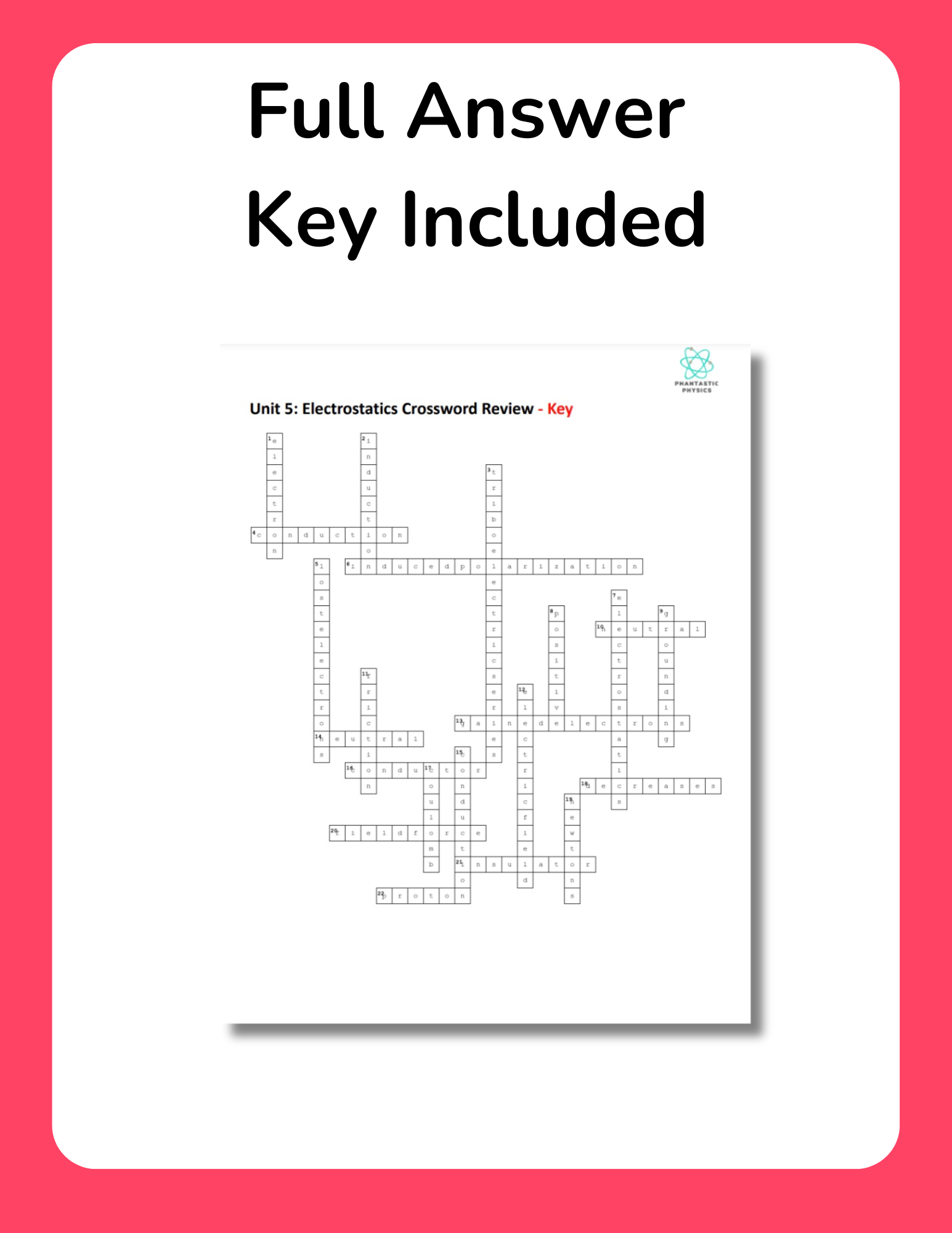 High School Physics: Electrostatics Crossword Puzzle Review - Grades 9 ...