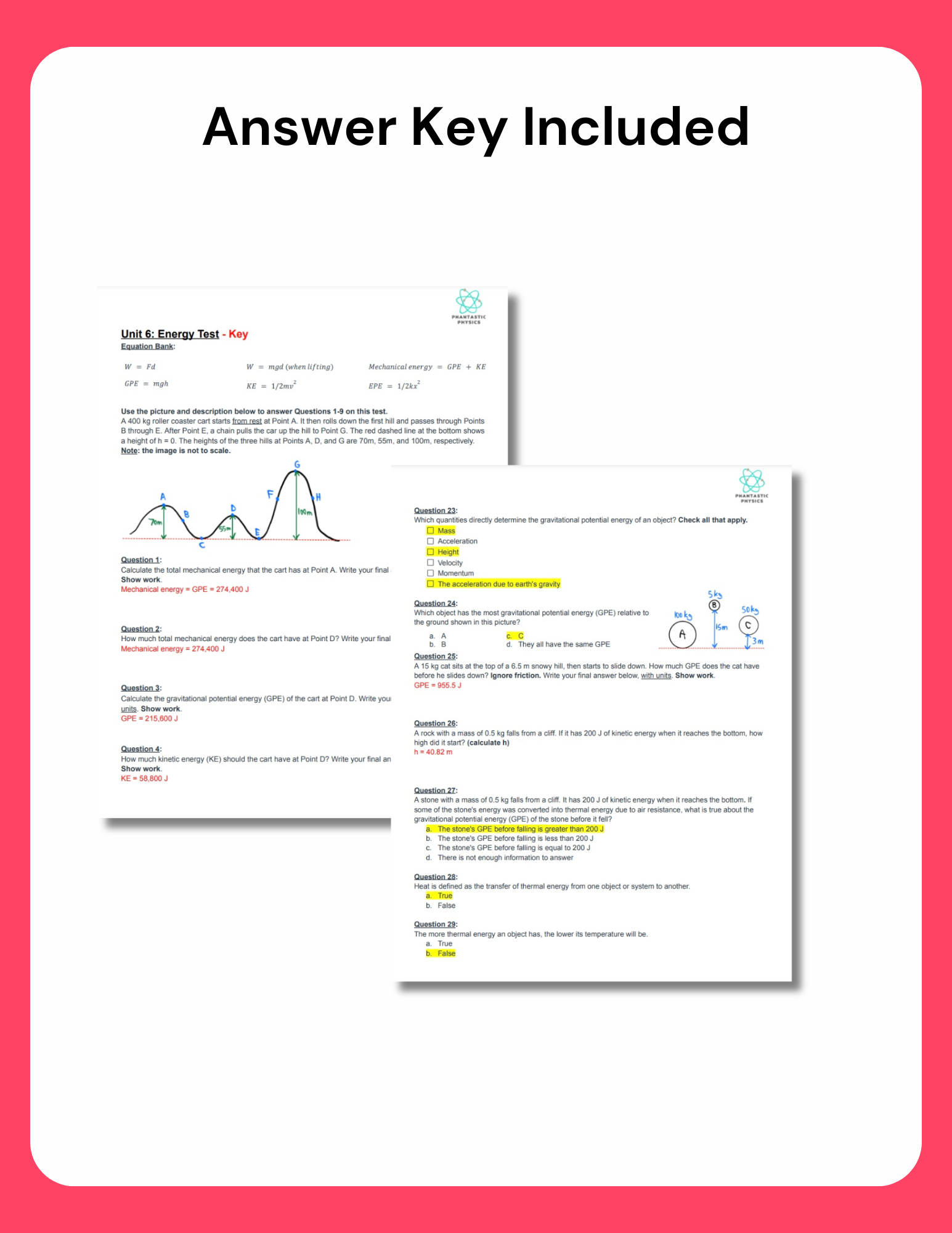 High School Physics: Energy Unit Test - Grades 9-12, NGSS Aligned ...