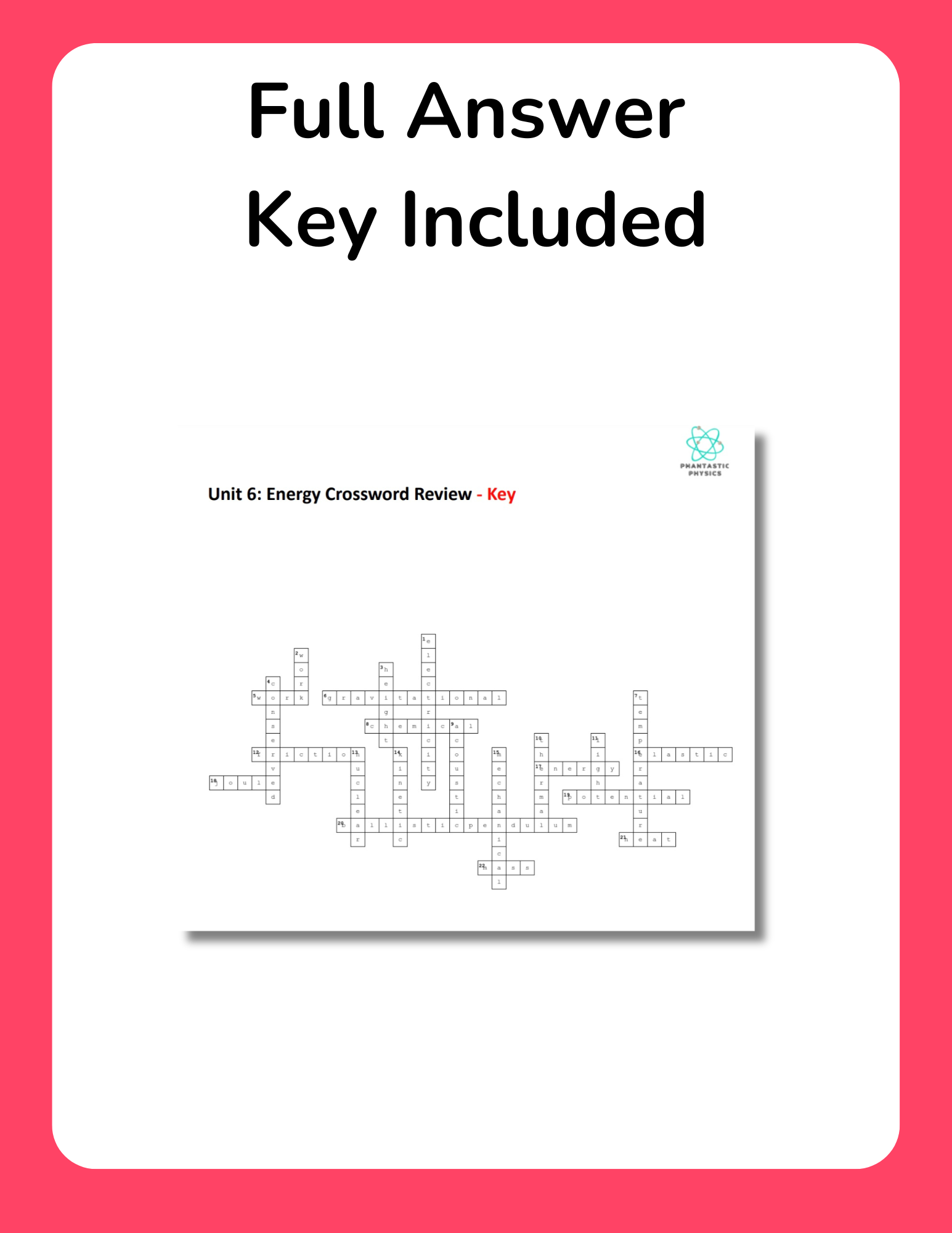 High School Physics: Energy Crossword Puzzle Review - Grades 9-12, NGS ...