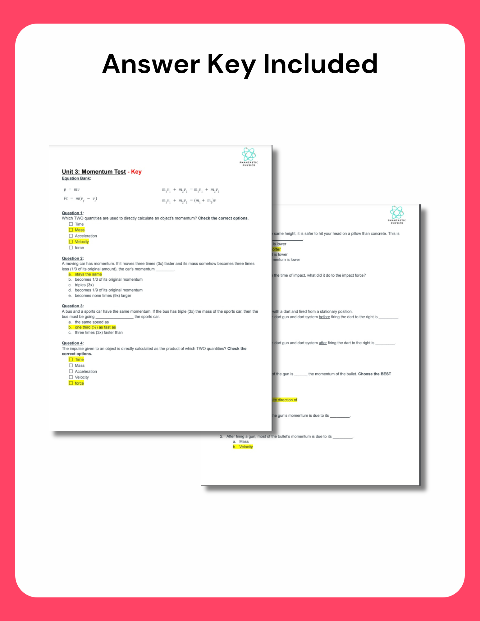 High School Physics: Momentum Unit Test - Grades 9-12, NGSS Aligned As ...