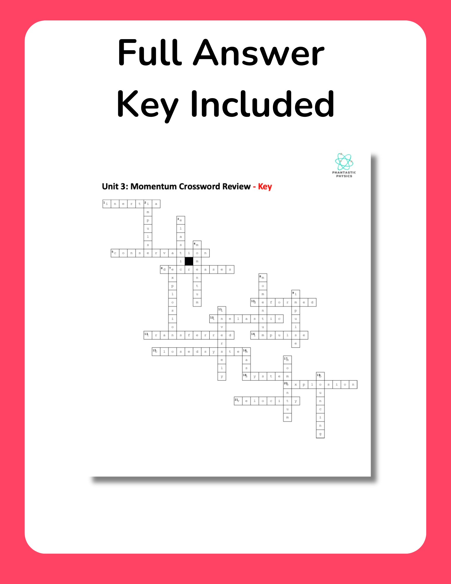 High School Physics: Momentum Crossword Review - Grades 9-12, NGSS Ali ...