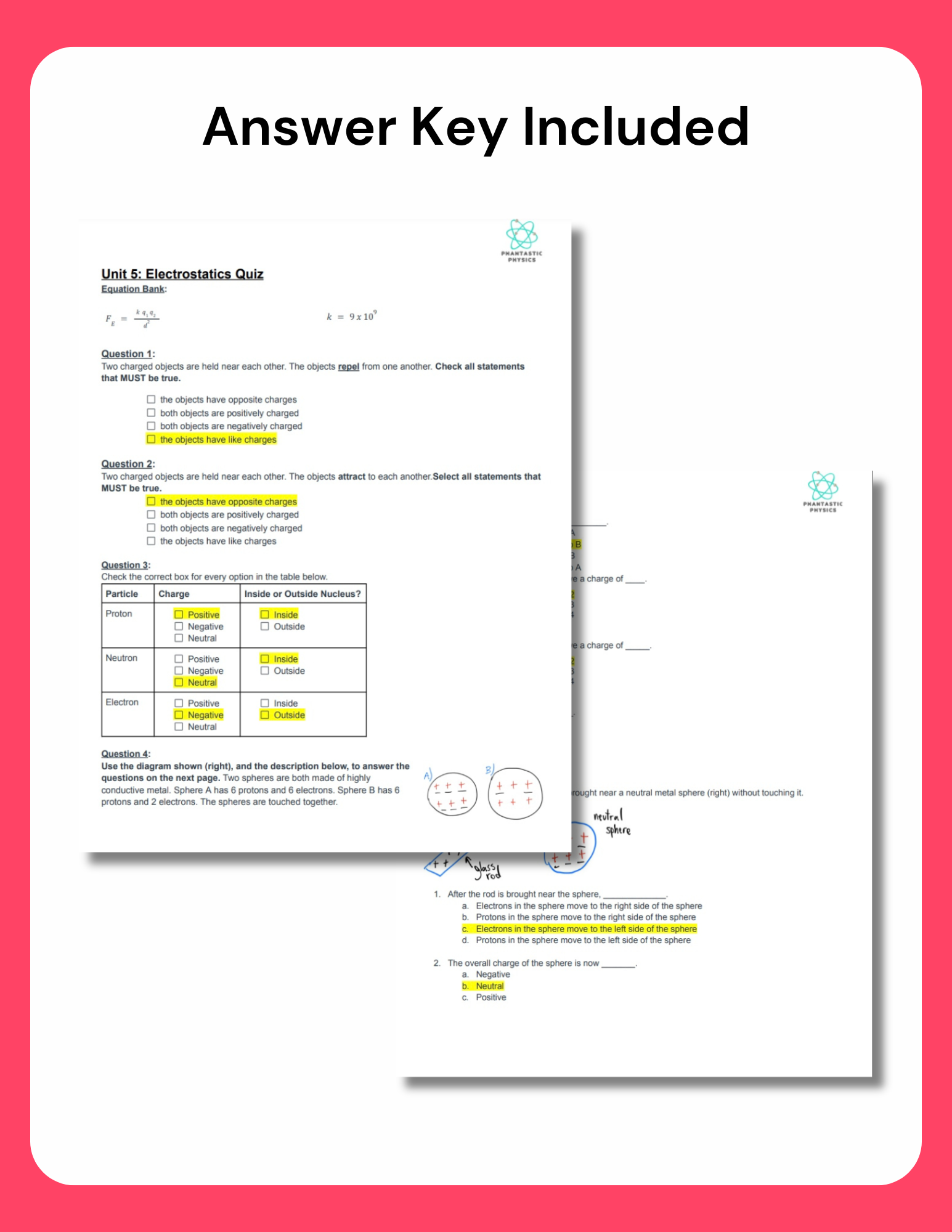 High School Physics: Electrostatics Quiz - Grades 9-12, NGSS Aligned ...