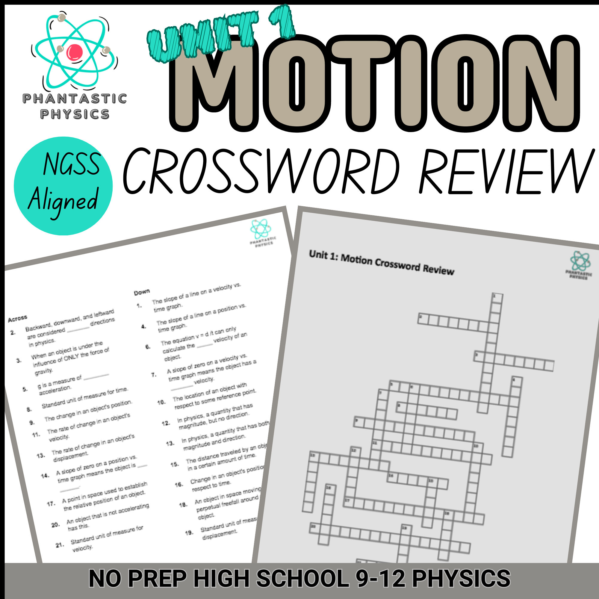 High School Physics: Motion Unit Test Review - Crossword Puzzle-Grades ...