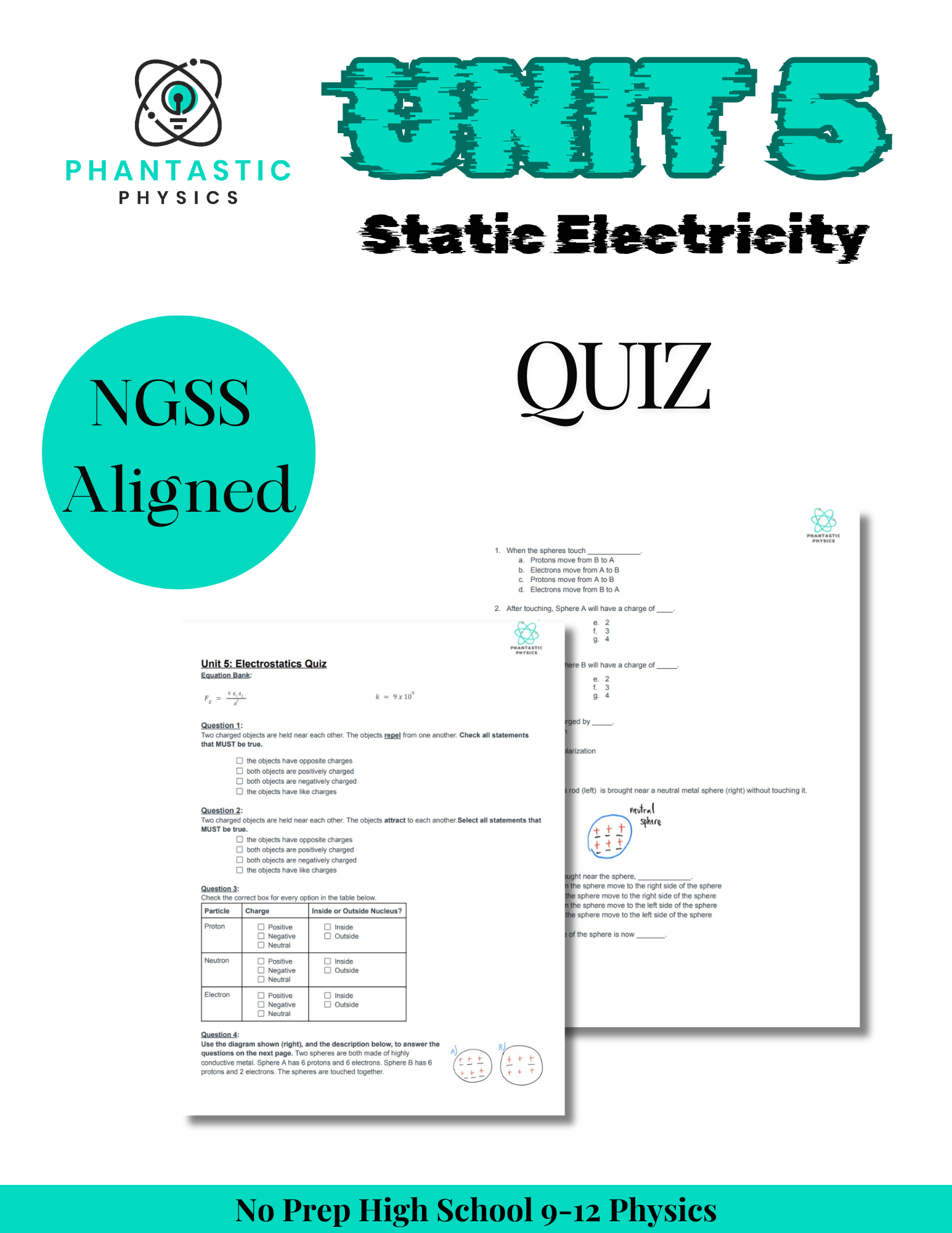 High School Physics: Electrostatics Quiz - Grades 9-12, NGSS Aligned ...