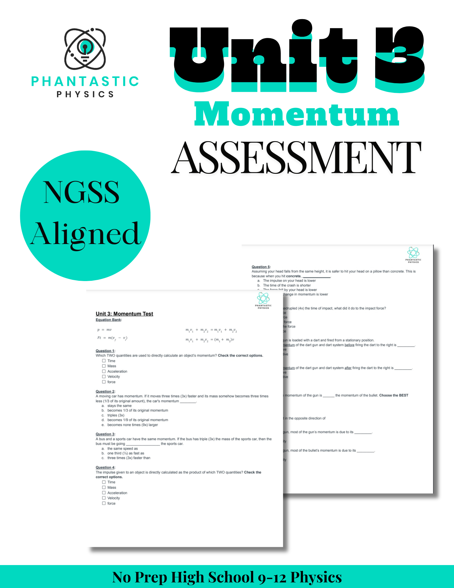 High School Physics: Momentum Unit Test - Grades 9-12, NGSS Aligned As ...