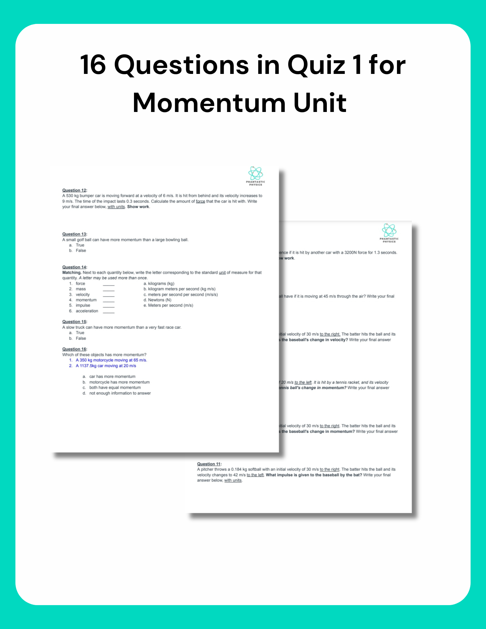 High School Physics: Momentum Quiz #1 - Grades 9-12, NGSS Aligned Asse ...